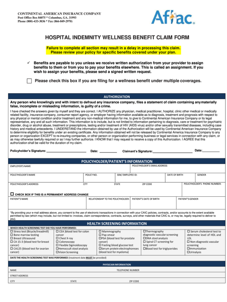 Fillable Online Hospital Indemnity Wellness Benefit Claim Form Aflac ... Fillable Online Hospital Indemnity Wellness Benefit Claim Form Aflac ...